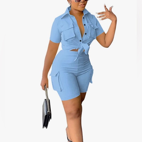 Shorts | Blue 2 Piece Sets Short Sleeve Button Down Blouse And Shorts ...